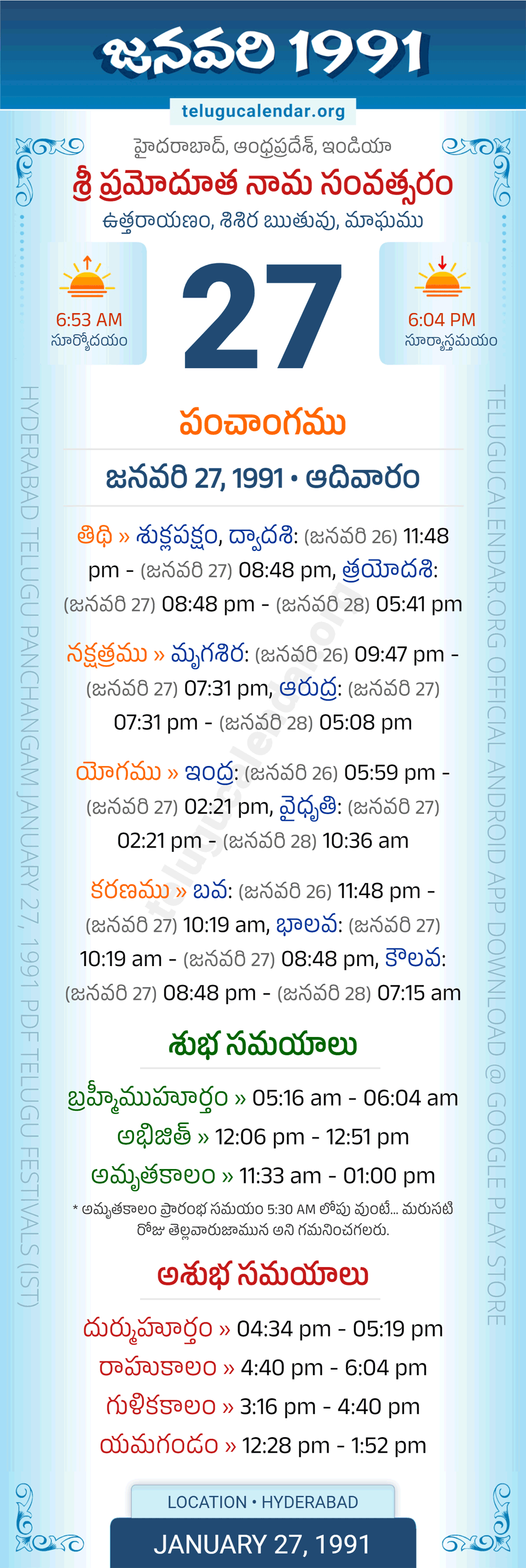January 27 1991 Telugu Calendar Panchangam Andhra Pradesh January 27 1991 Telugu Calendar Panchangam Andhra Pradesh