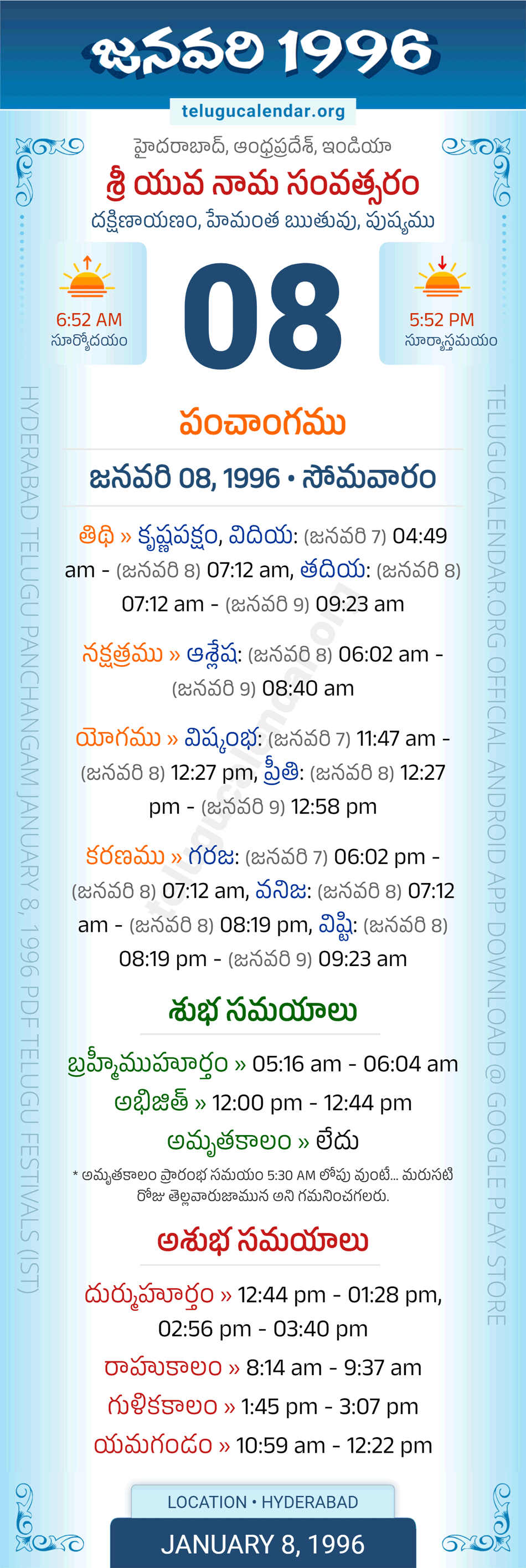 January 8 1996 Telugu Calendar Panchangam Andhra Pradesh