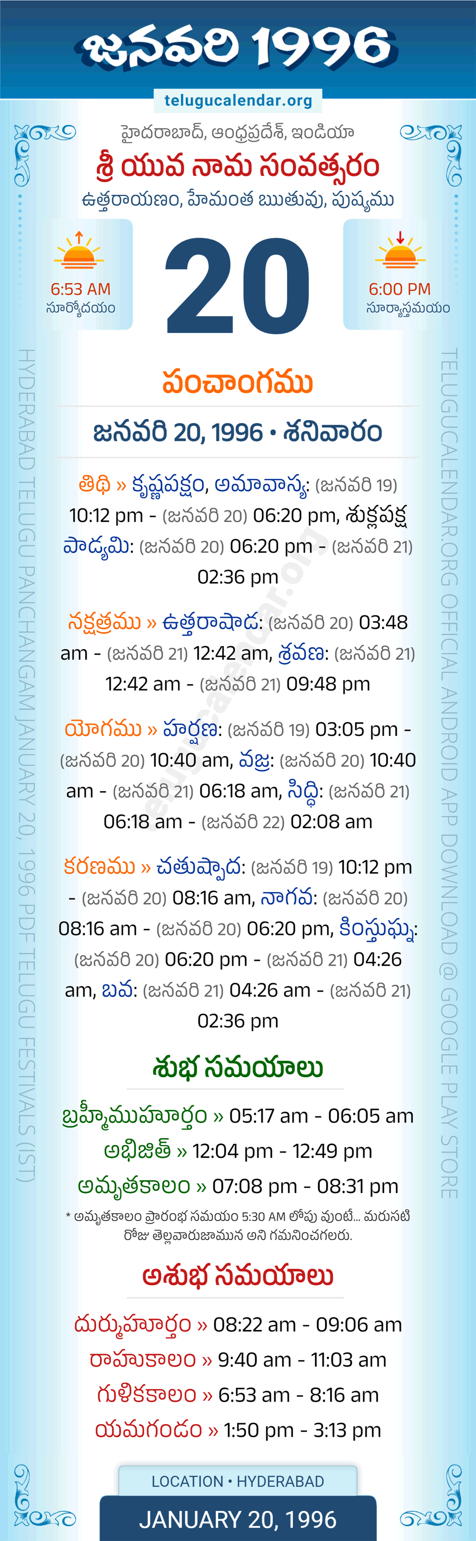 January 20 1996 Telugu Calendar Panchangam Andhra Pradesh January 20 1996 Telugu Calendar Panchangam Andhra Pradesh