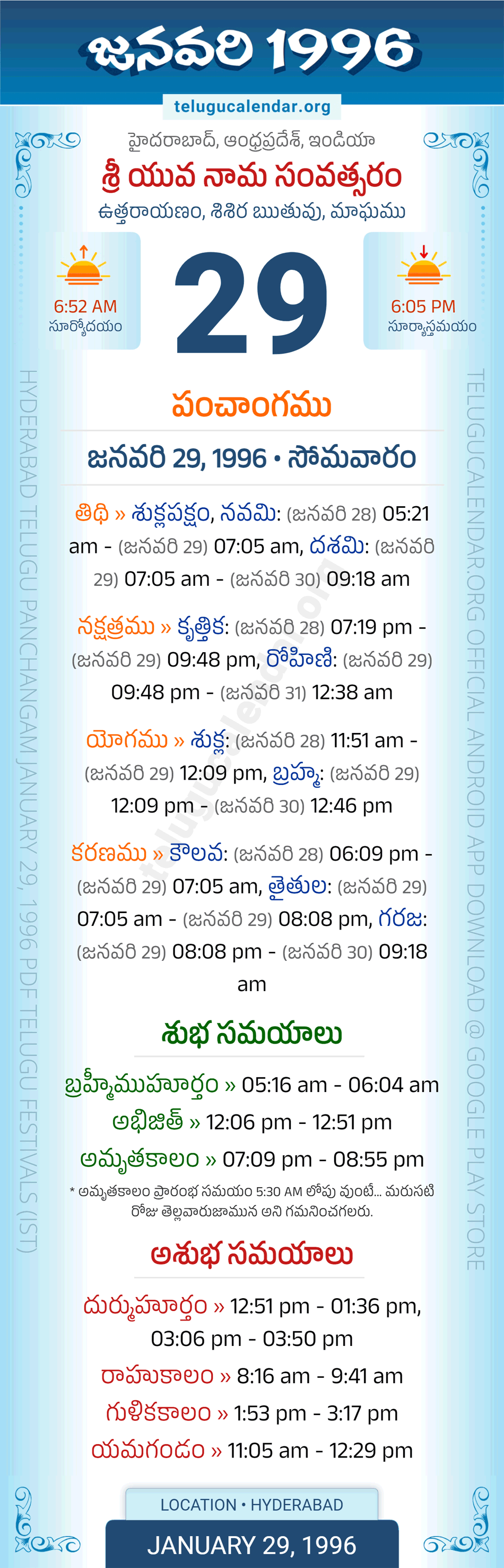 January 29 1996 Telugu Calendar Panchangam Andhra Pradesh January 29 1996 Telugu Calendar Panchangam Andhra Pradesh