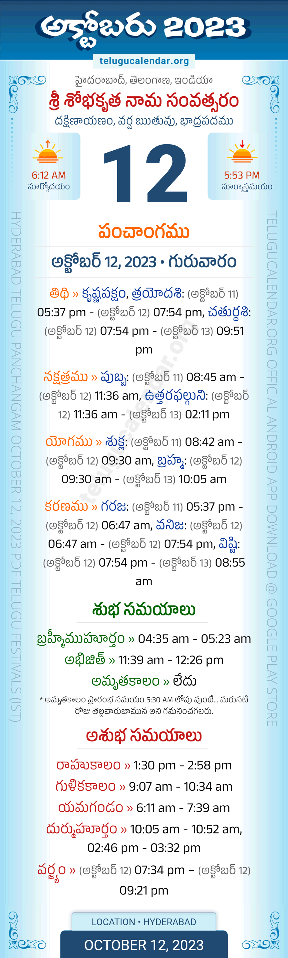 Telangana Panchangam October 12 2023 Telugu Calendar Daily